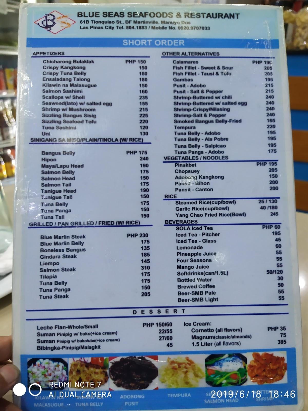 Menu at Blue Seas Seafoods & Restaurant, Las Pinas