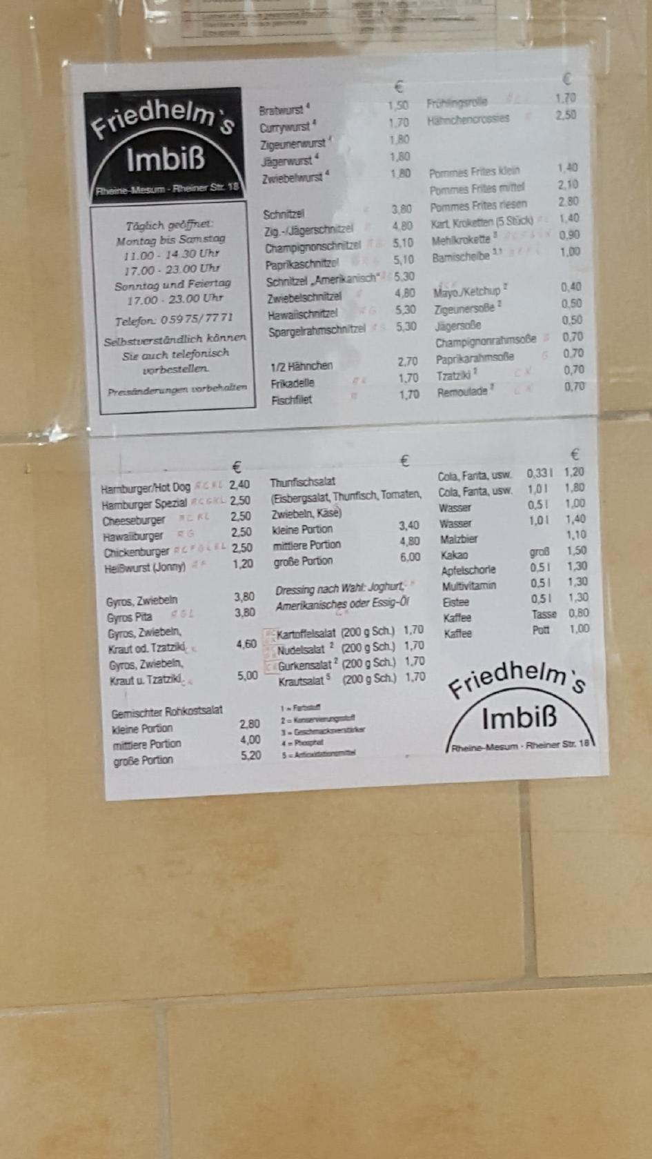 Speisekarte von Friedhelm's Schnellimbiß fast Food, Rheine, Alte ...