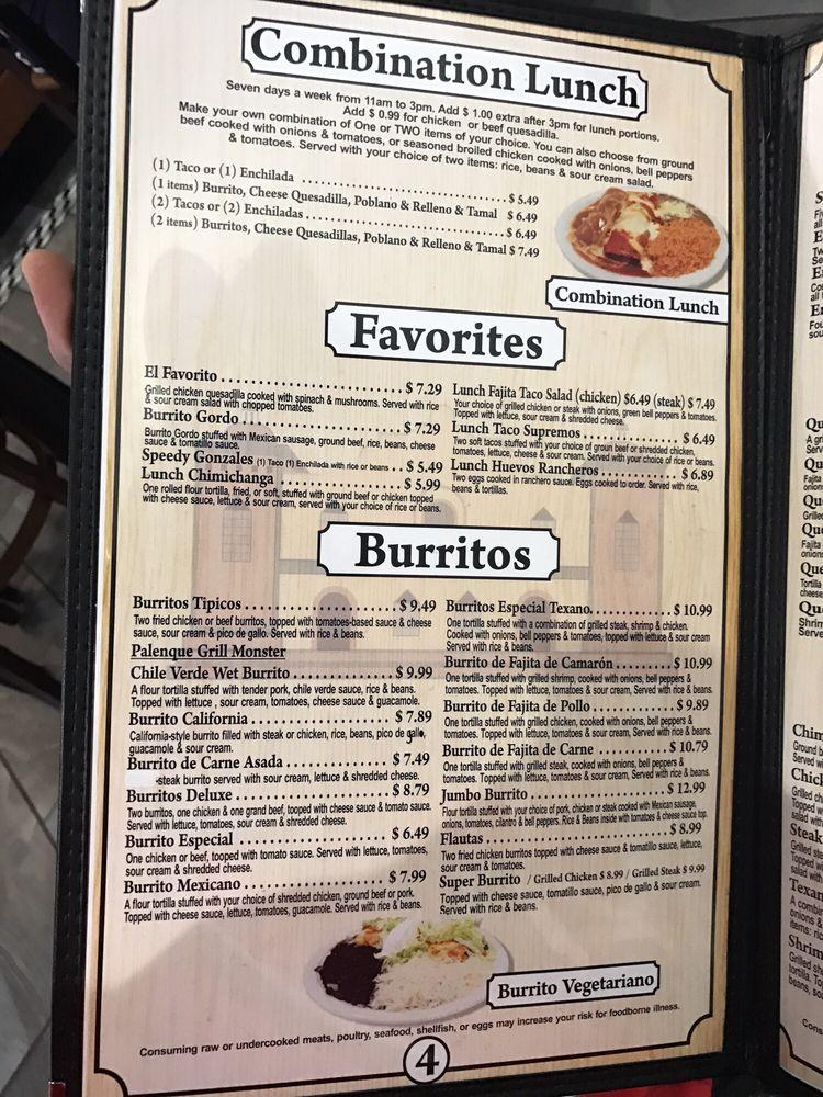 Menu at Palenque Mexican Grill Restaurant, Kernersville
