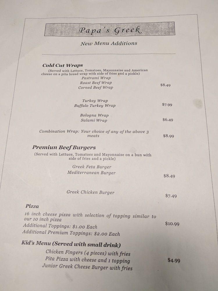 Menu at Papa's Greek family restaurant, Papas pizza, Virginia Beach
