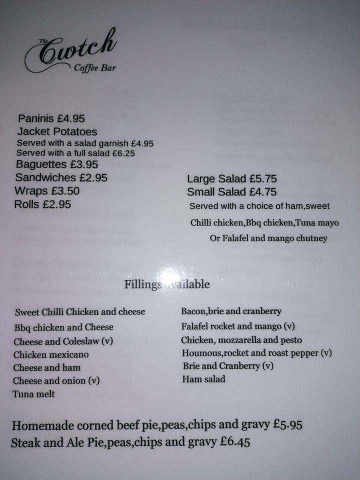 Menu at The Cwtch Coffee shop/gift shop cafe, Tonypandy