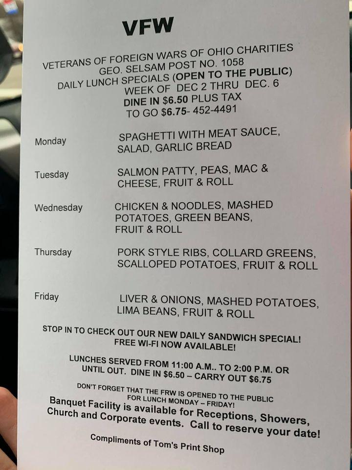 Menu at VFW Post 1058 pub & bar, Zanesville