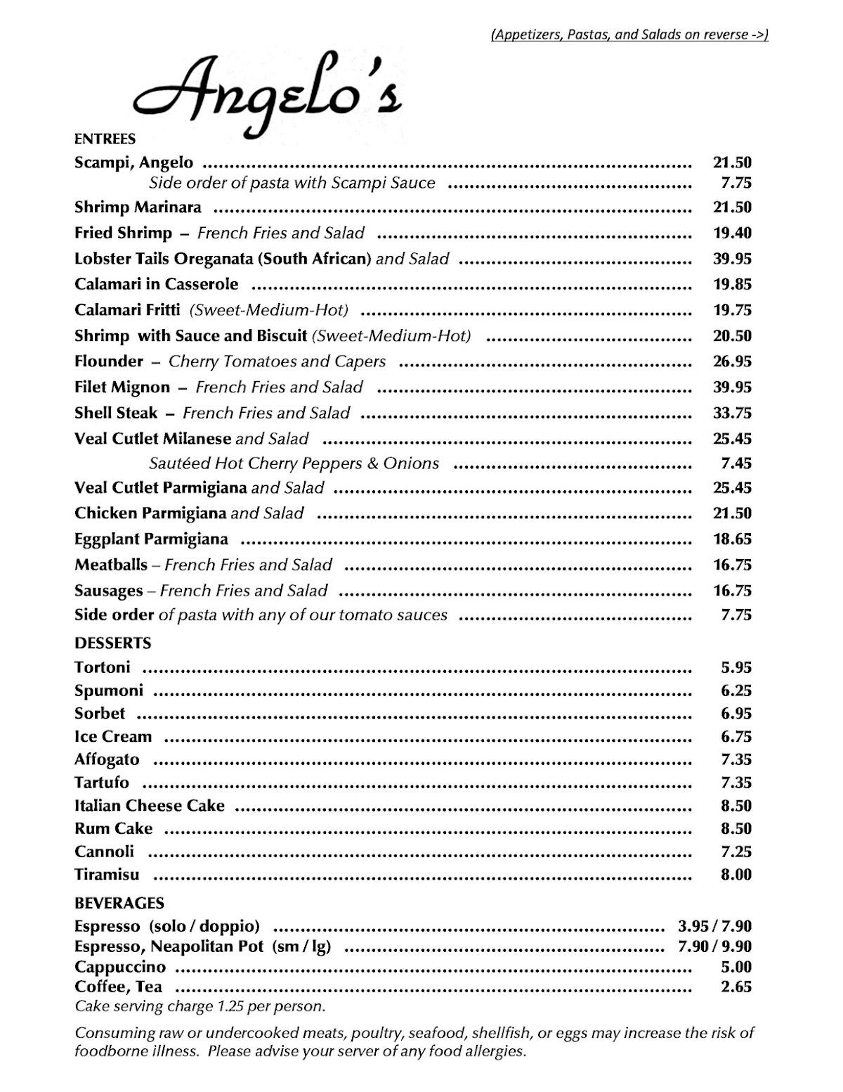 Menu at Angelo's restaurant, Lyndhurst