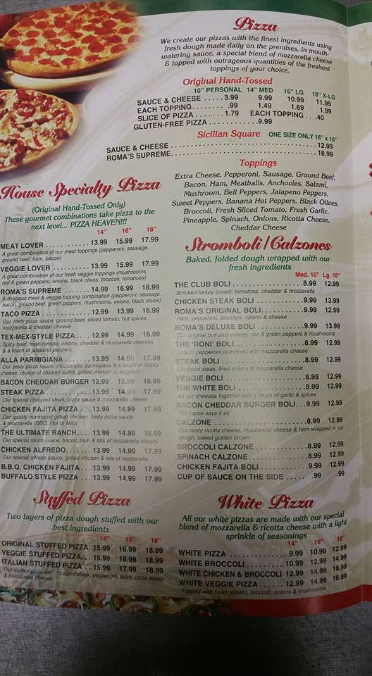 Menu at Bella Roma restaurant, Winterstown