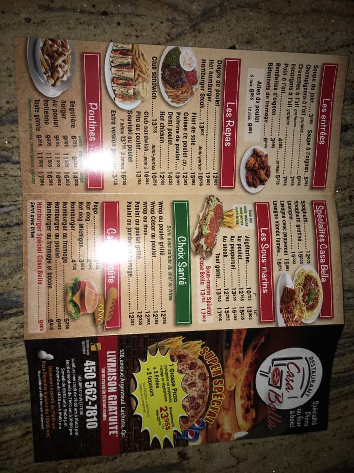 Menu au Casa Bella pizzeria, Lachute