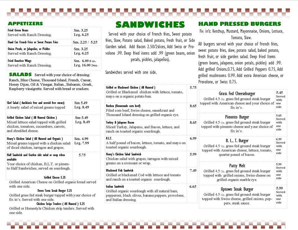 Menu at Henry's Uptown Cafe, Rockingham