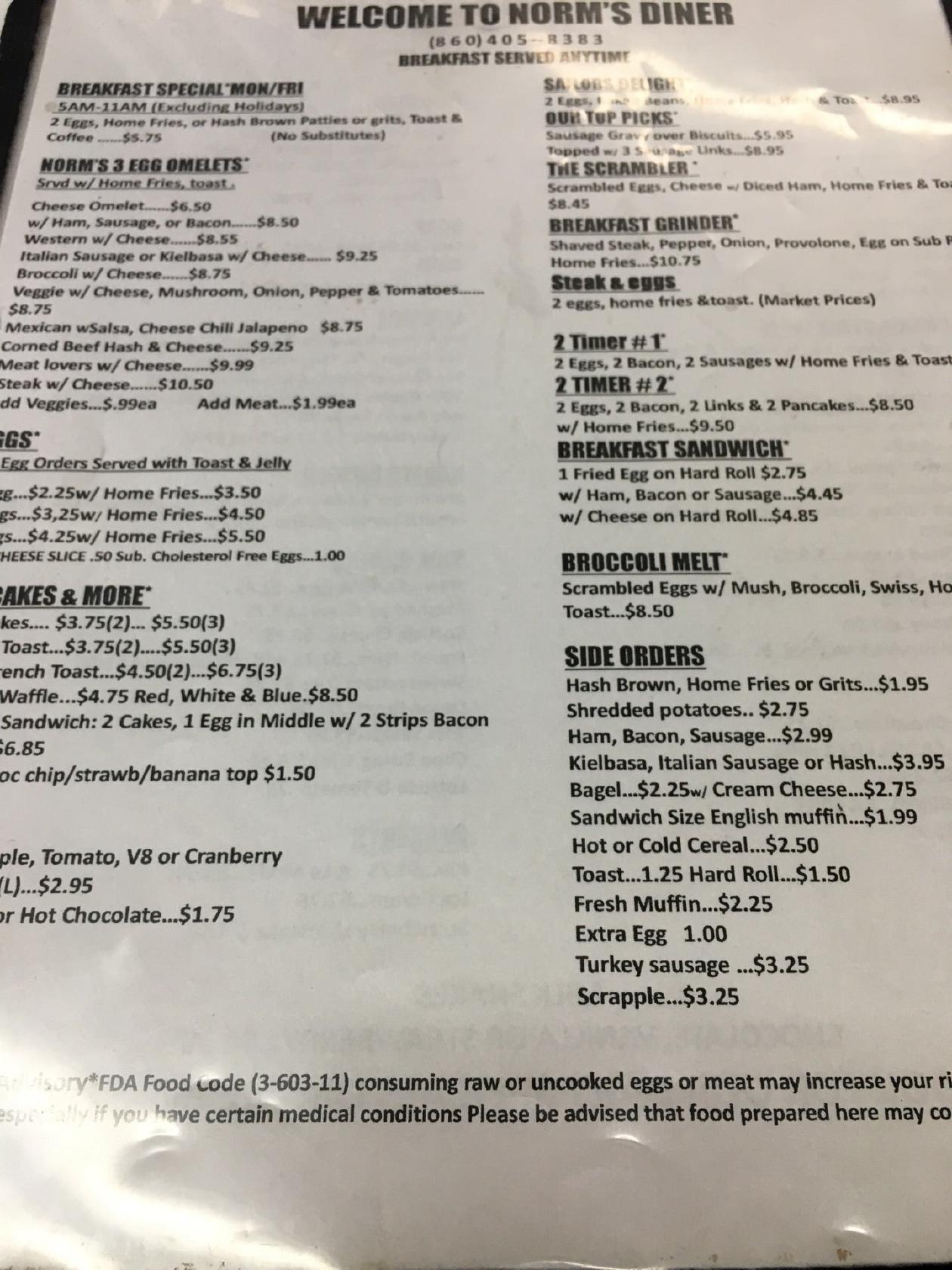 Menu at Norm's Diner restaurant, Groton