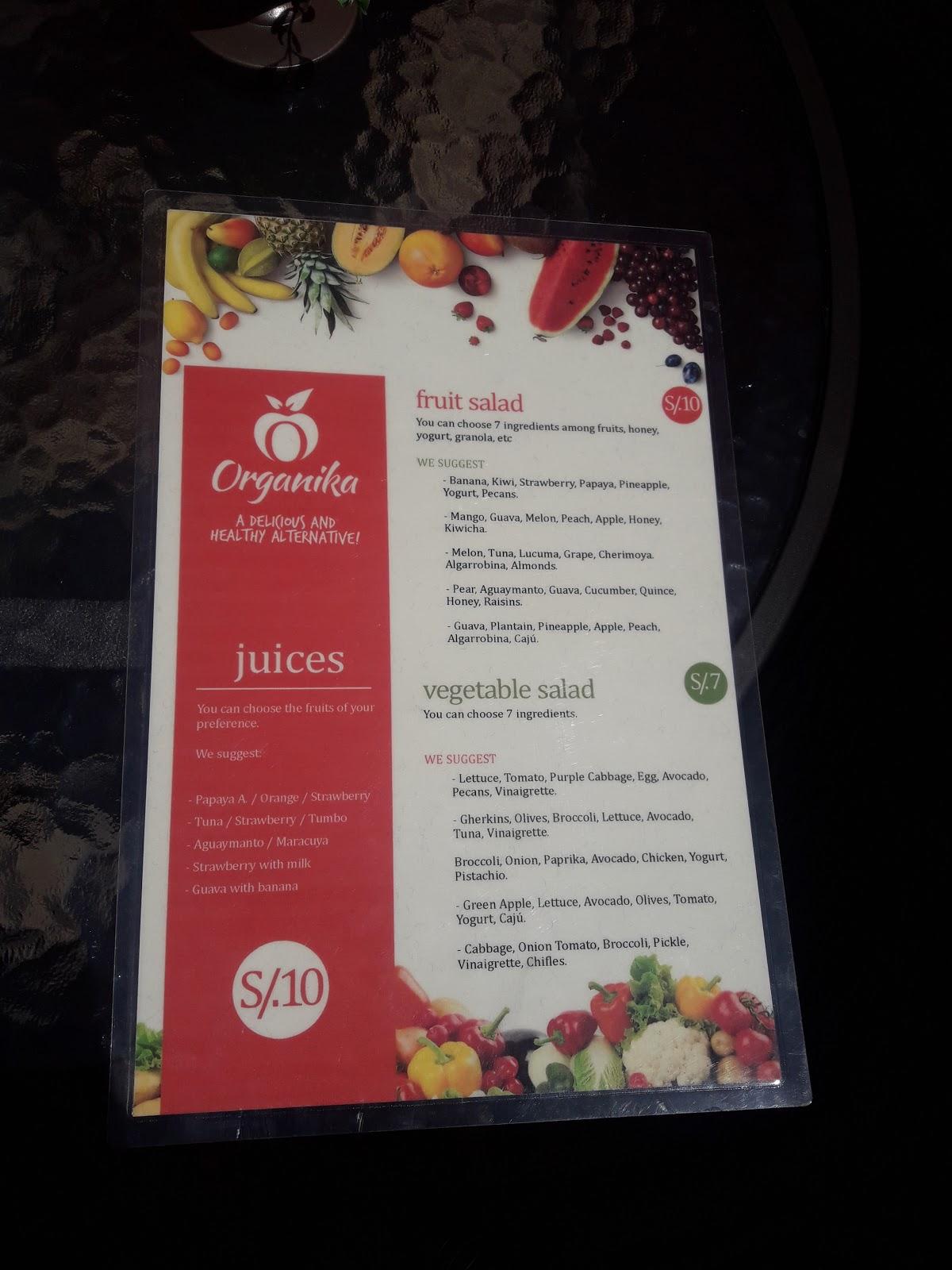 Menu at Organika restaurant, Peru