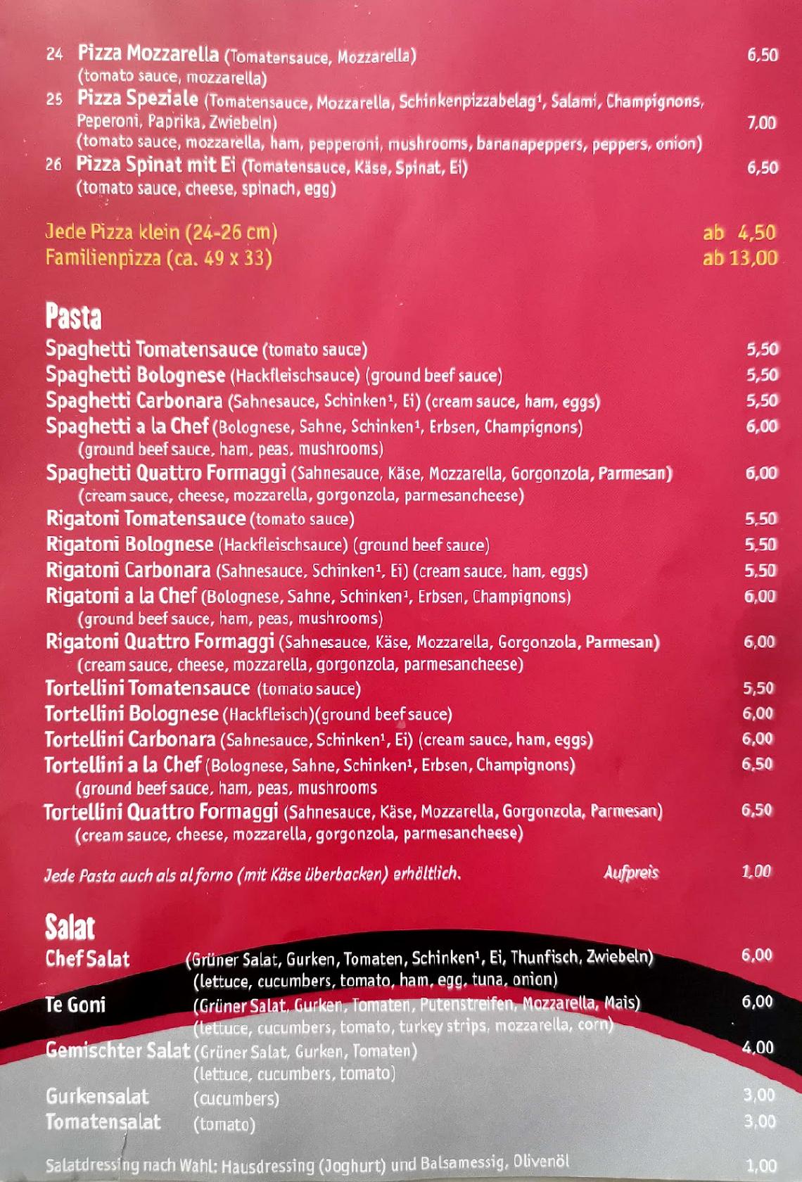 Speisekarte von Pizza & Pasta Te Goni, Parsberg