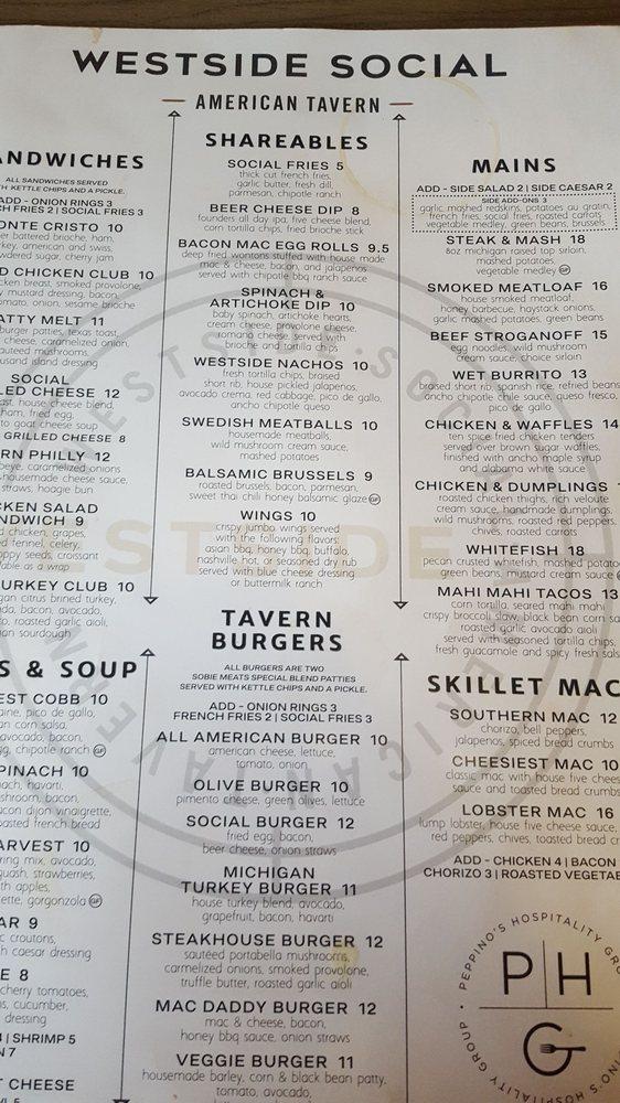Menu at Westside Social restaurant, Grand Rapids