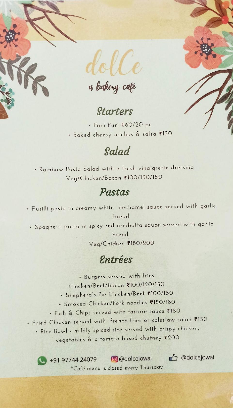 Menu at dolCe a bakery café, Jowai