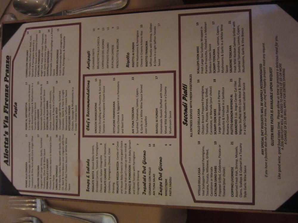 Menu at Aliotta's Via Firenze restaurant, Torrance