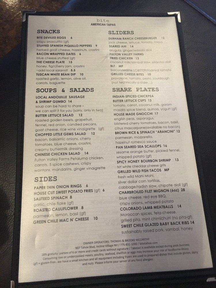 Menu at Bite Restaurant, Incline Village