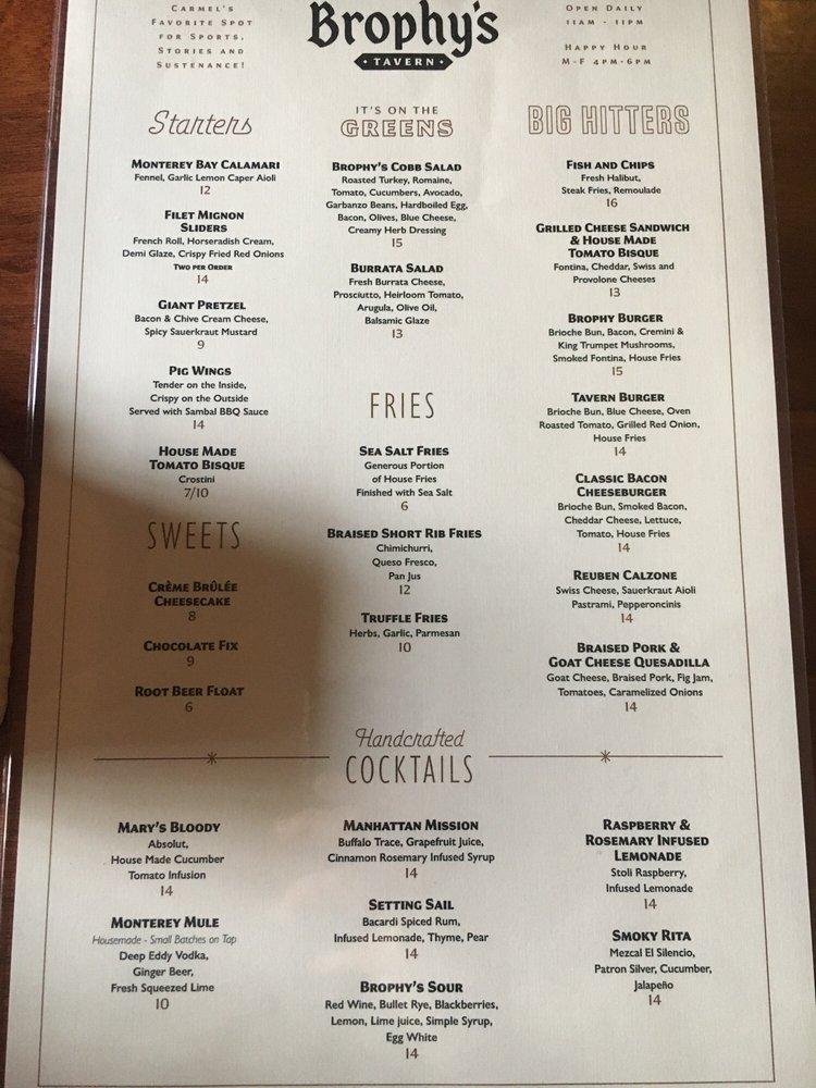 Menu at Brophy's Tavern pub & bar, Carmel-by-the-Sea