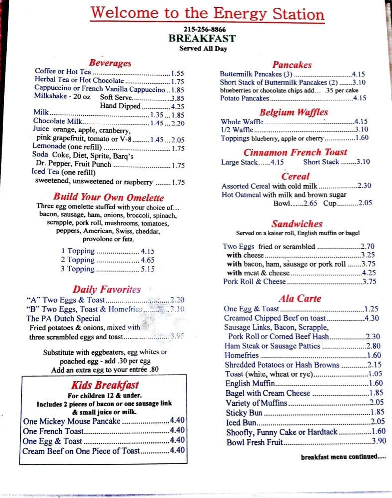 Menu at Energy Station restaurant, Harleysville