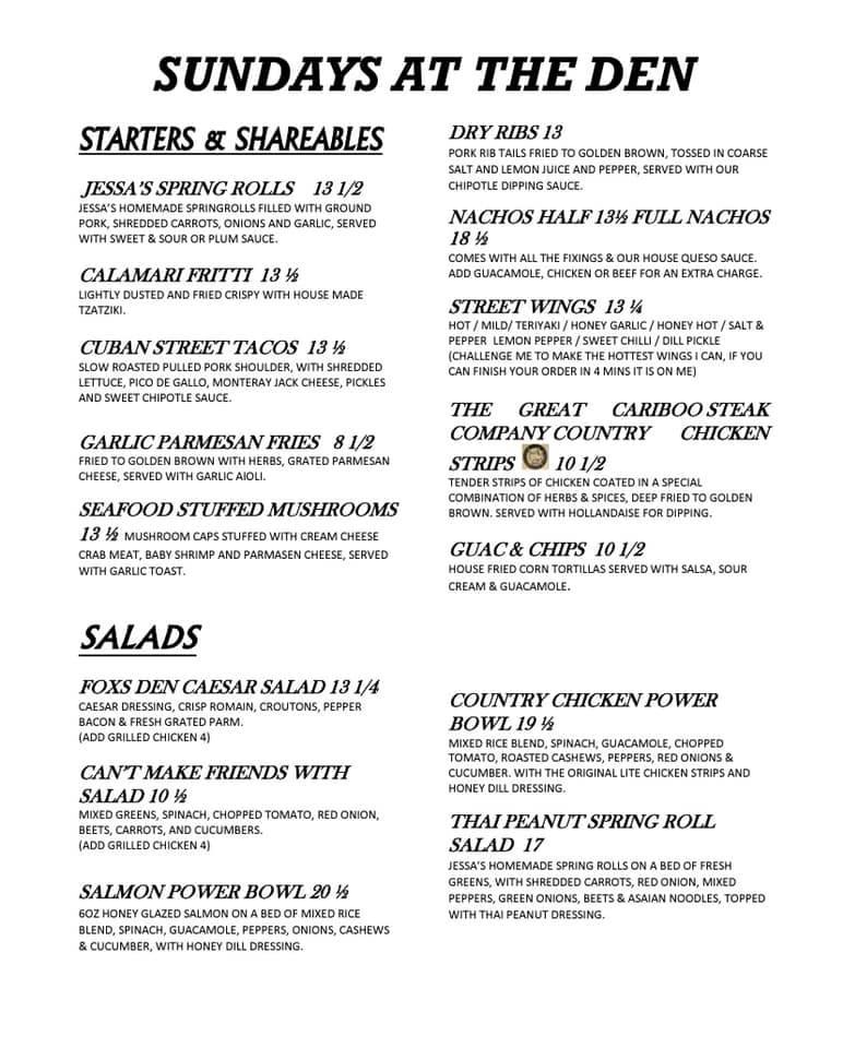 Menu at Fox's Den Bar & Grill, Williams Lake