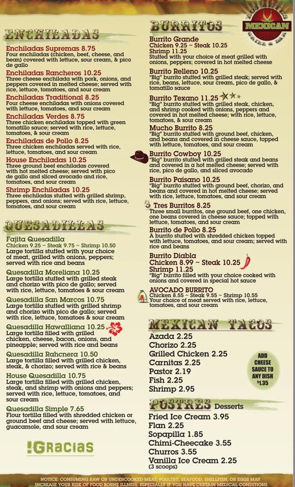 Menu at Los Reyes restaurant, Columbia