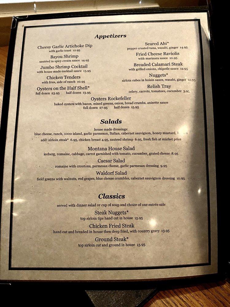 Menu at Montana's steakhouse, Lake Havasu City
