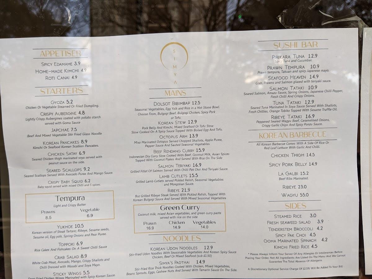 Menu at Simya Pan Asian restaurant, London