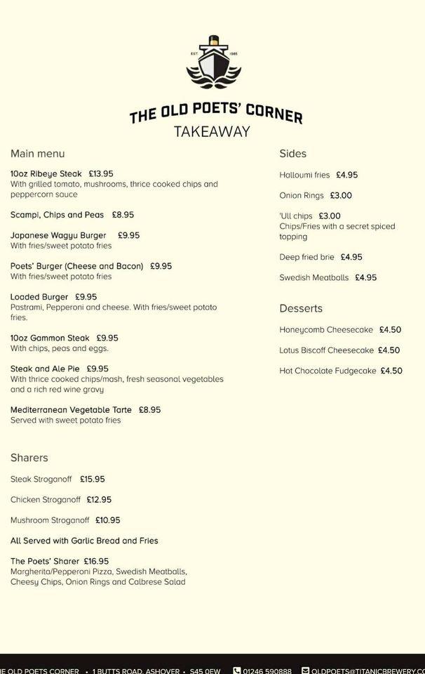 Menu at The Old Poets Corner. pub & bar, Ashover