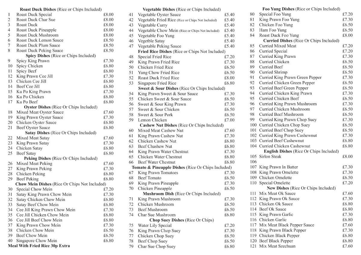 Menu at Water Lily Takeaway fast food, Barrow-in-Furness, 43 Cavendish St