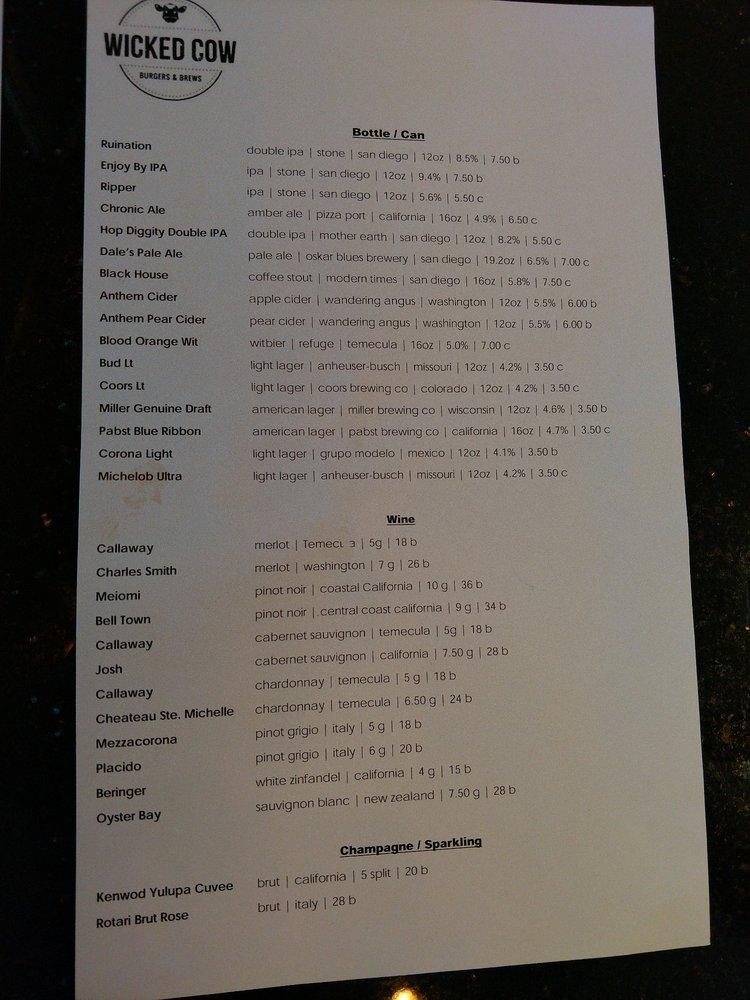 Menu at Wicked Cow Burgers and Brews - Upland restaurant, Upland