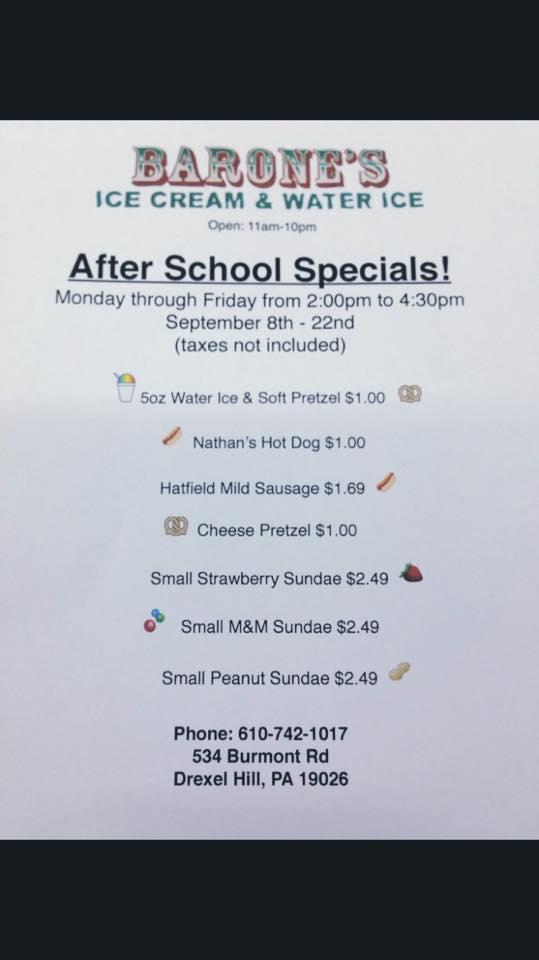 Menu at Barone's Italian Water Ice And Ice Cream, Upper Darby
