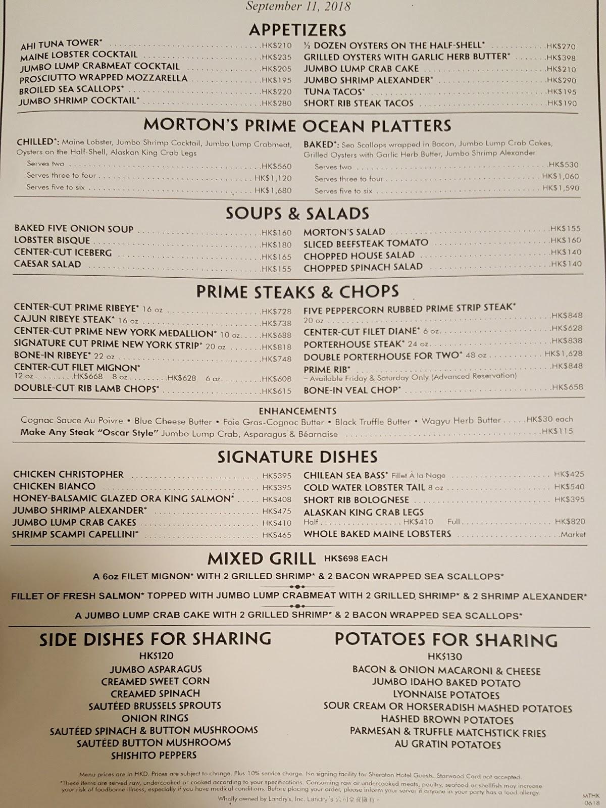 Menu at Morton's The Steakhouse, Hong Kong