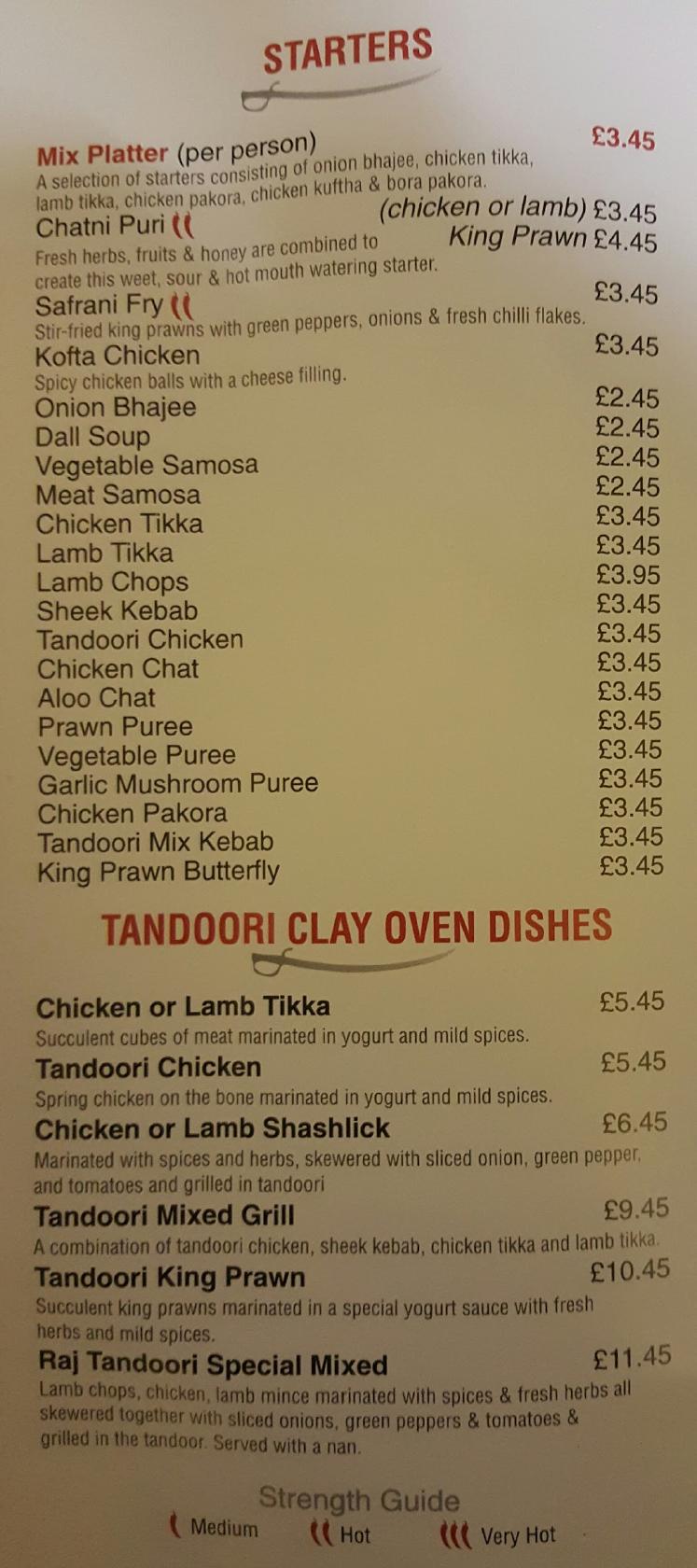 Menu at Raj restaurant, Penrith, 17 18 King St