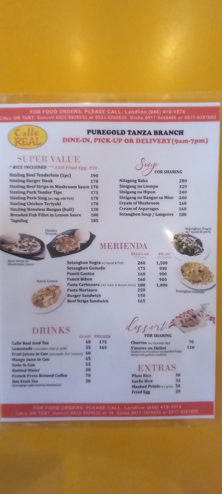 Menu at Calle Real restaurant, Tanza, Puregold Tanza