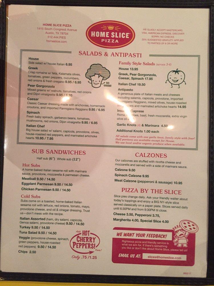 Menu at Home Slice Pizza pizzeria, Austin, S Congress Ave