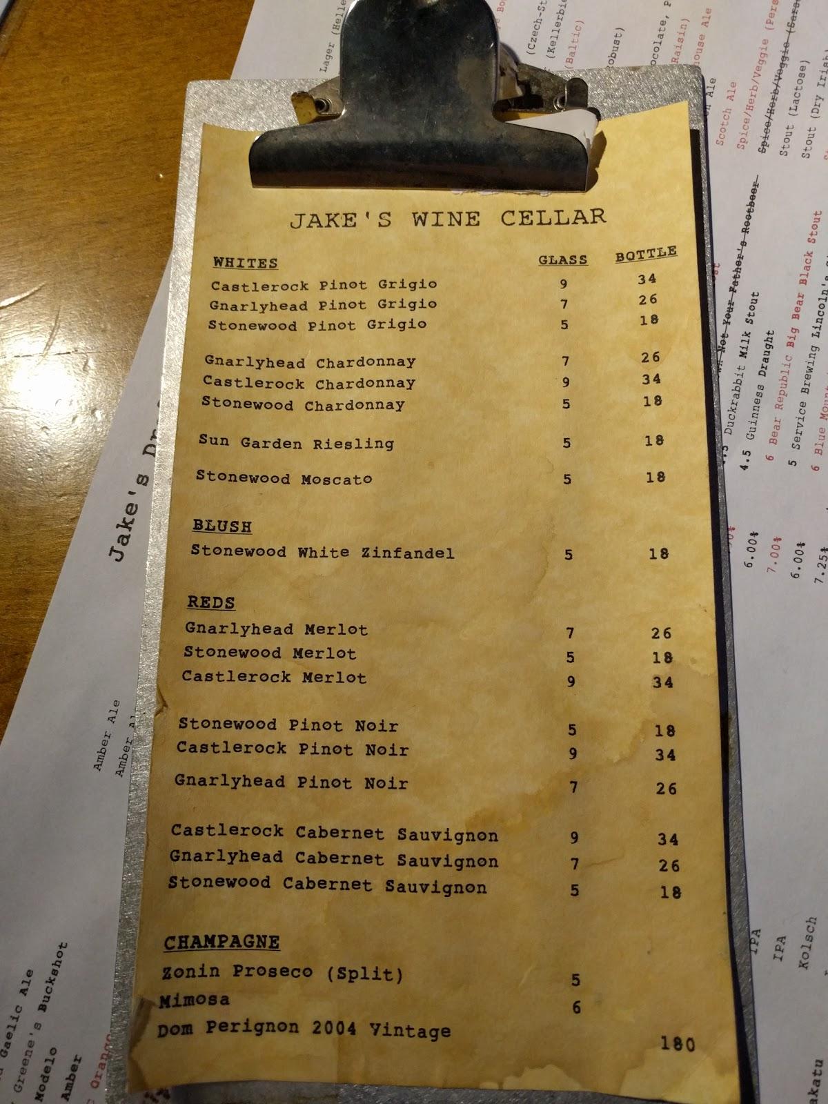 Menu at Jake's Pub & Billiards, Greensboro