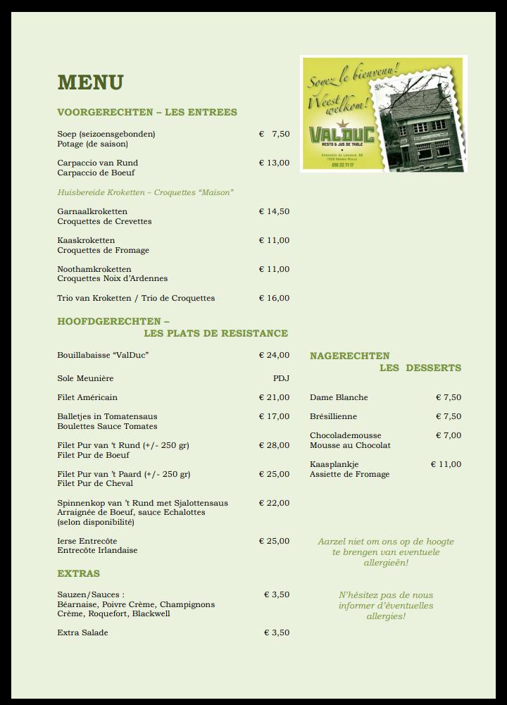 Menu at Le Val-Duc, Beauvechain