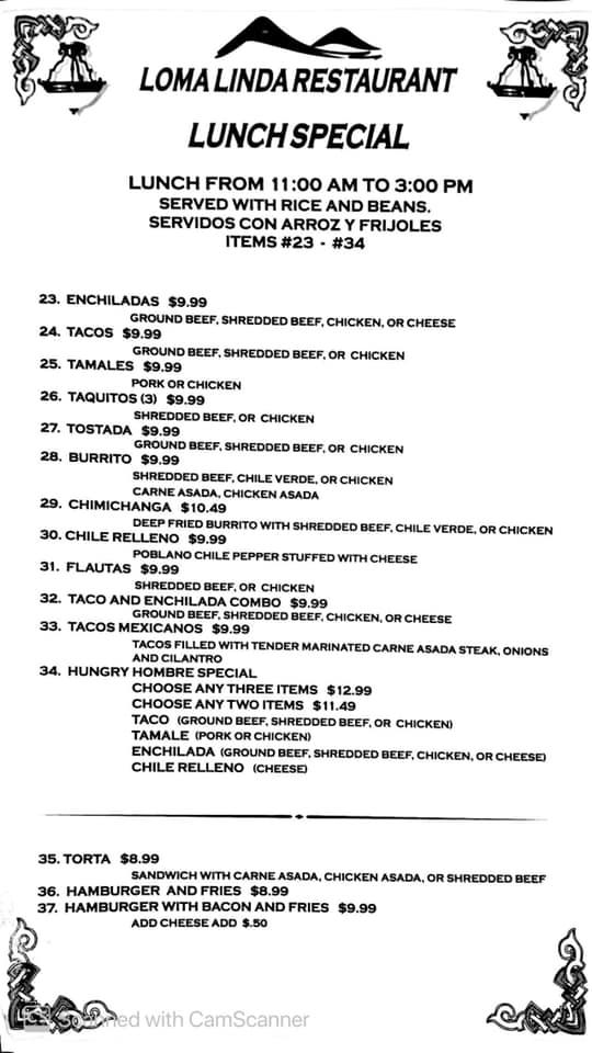 Menu at Loma Linda restaurant, Bakersfield
