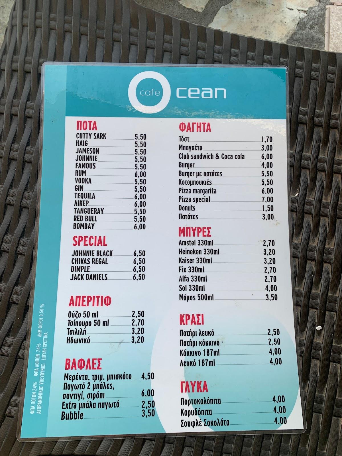 Menu at Ocean Cafe, Menidi