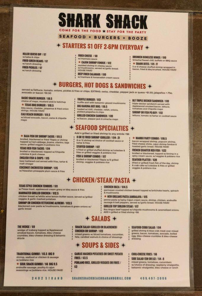 Menu at Shark Shack restaurant, Galveston