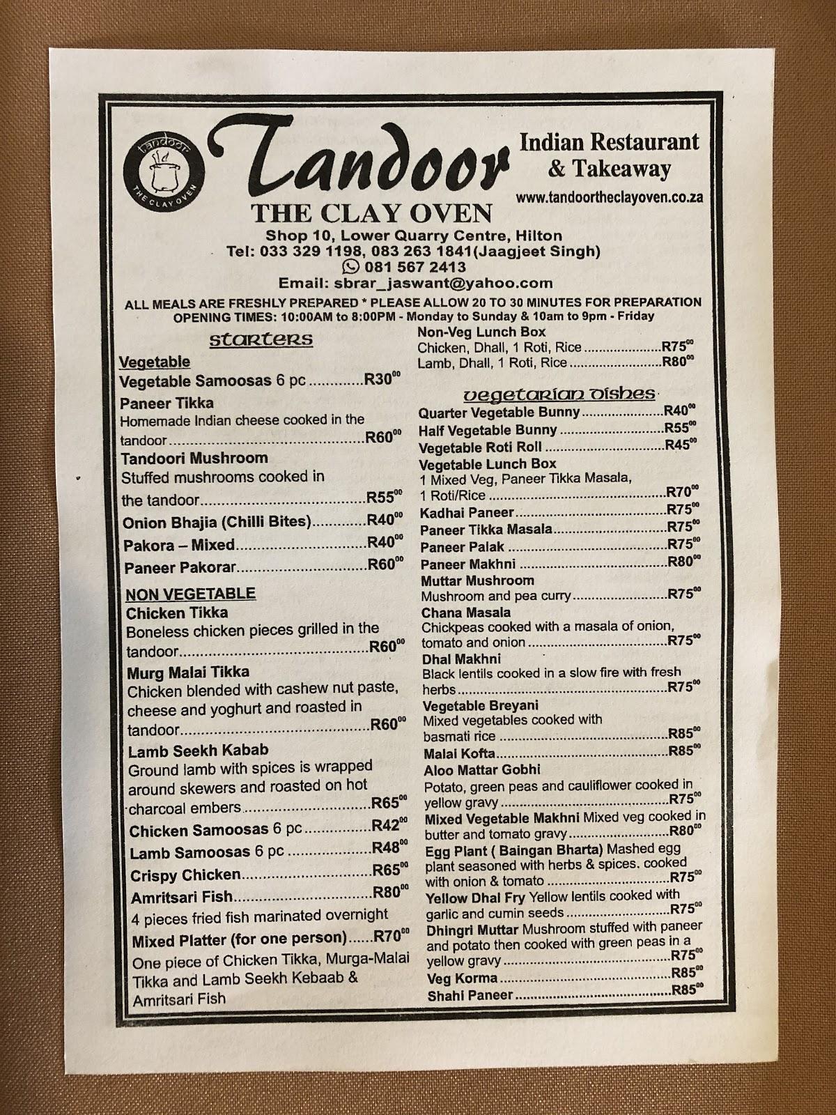 Menu at Tandoor The Clay Oven Hilton restaurant, Hilton
