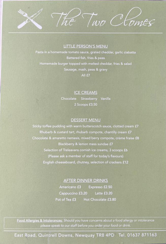 Menu at The Two Clomes pub & bar, Newquay