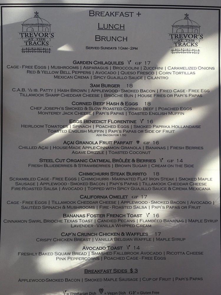 Menu at Trevor's at the Tracks pub & bar, San Juan Capistrano
