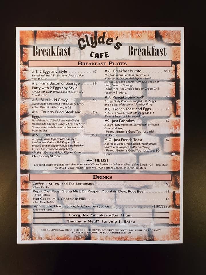 Menu at Clyde's Cafe, Delta