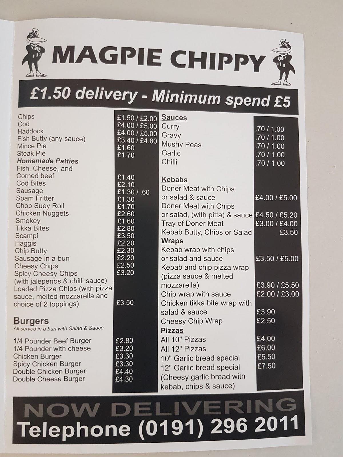 Menu at Magpie Chippy fast food, North Shields