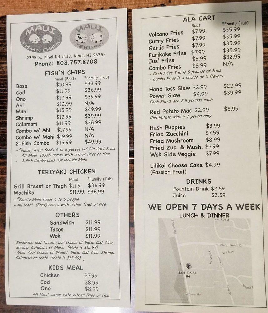 Menu at Maui Fish'n Chips restaurant, Kihei