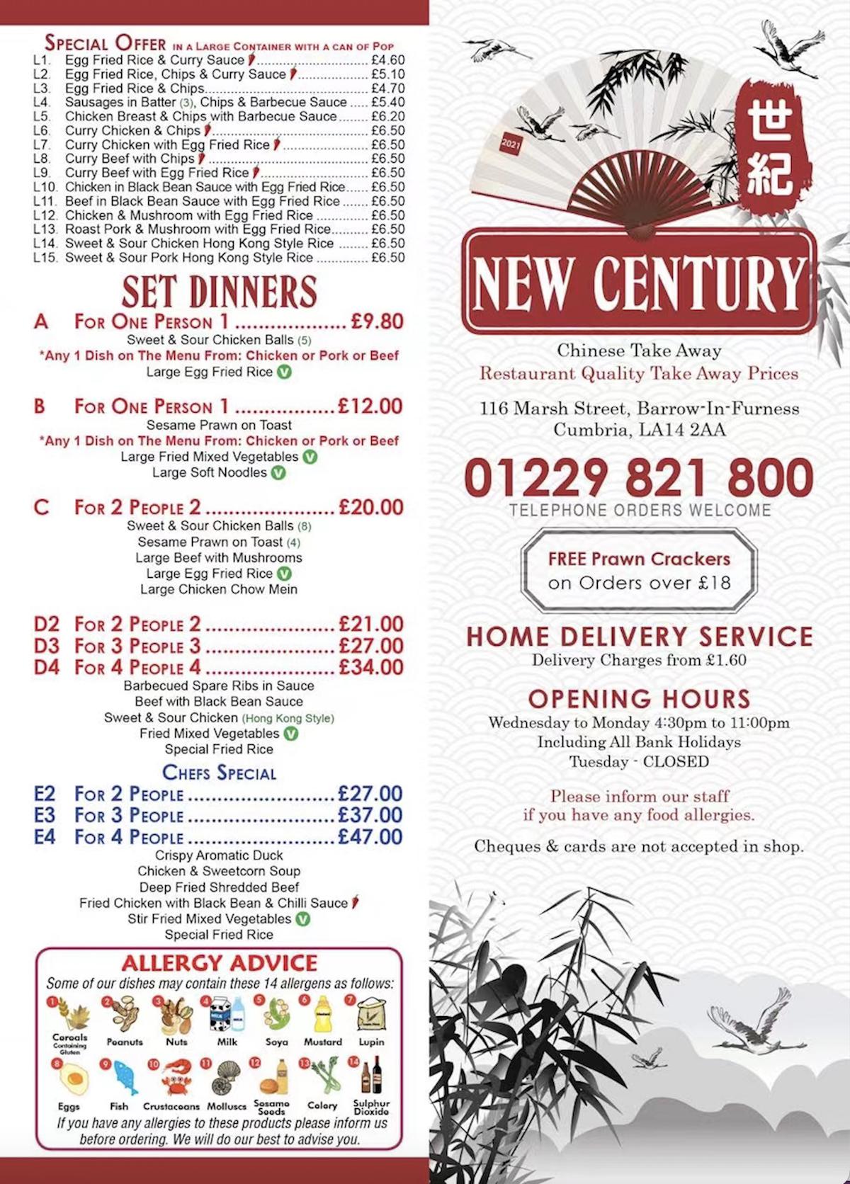 Menu at New Century fast food, Barrow-in-Furness