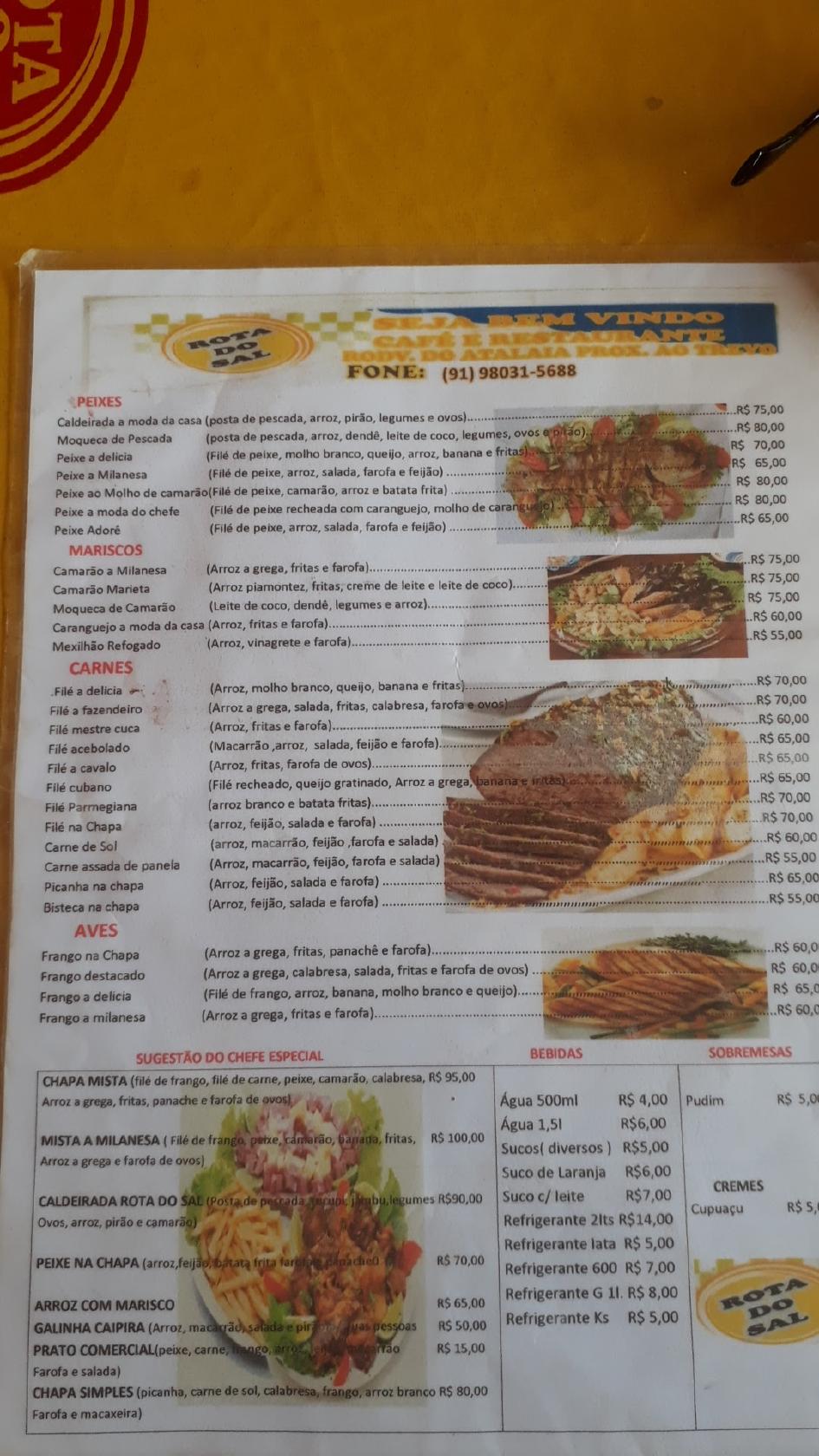 Menu at Restaurante Rota do Sal, Brazil
