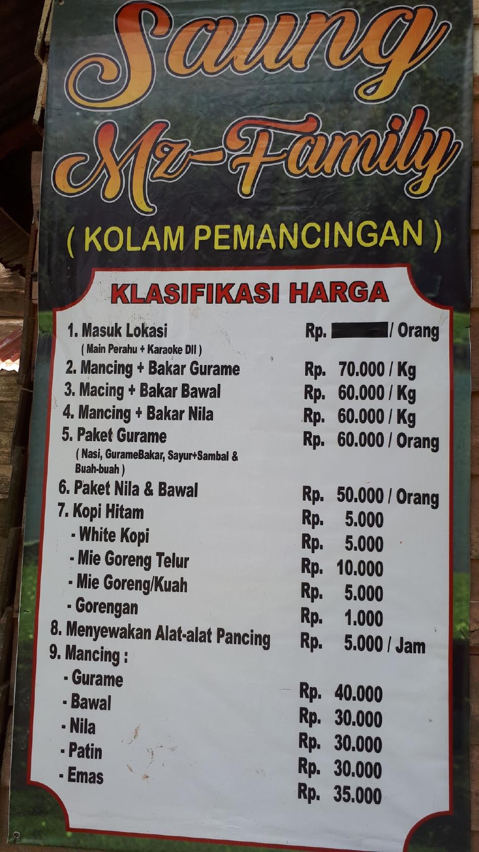 Menu at Saung Dan Kolam Pemancingan MZ FAMILY restaurant, Palembang