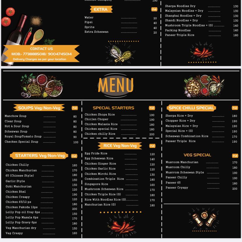 Menu at Spice chilly fast food corner, Mumbai