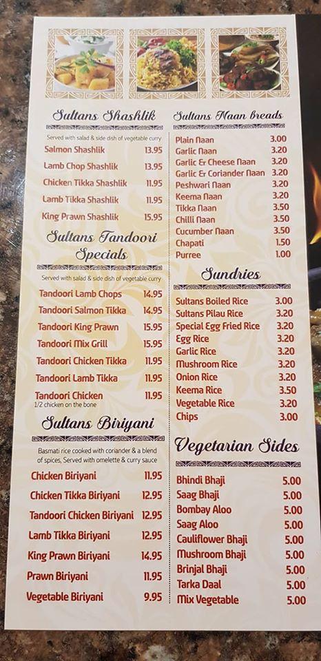 Menu at Sultan of Keswick restaurant, Keswick