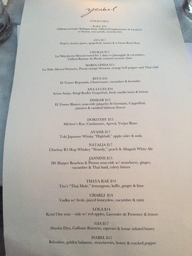 Menu at Ysabel pub & bar, West Hollywood
