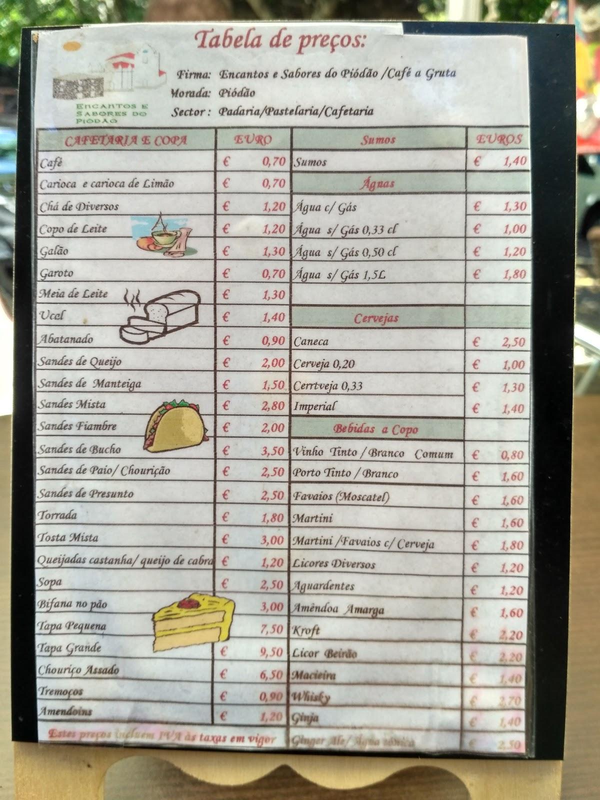 Menu at A Gruta cafe, Piódão