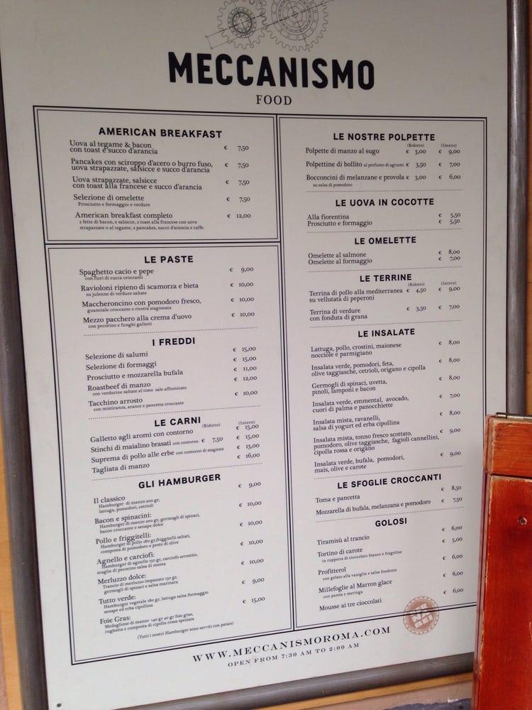 Menu at Bar Meccanismo, Rome, Piazza Trilussa